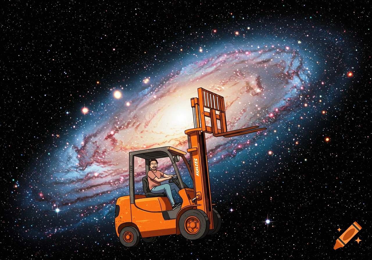 Cartoon of a person driving an orange forklift through space in front ...