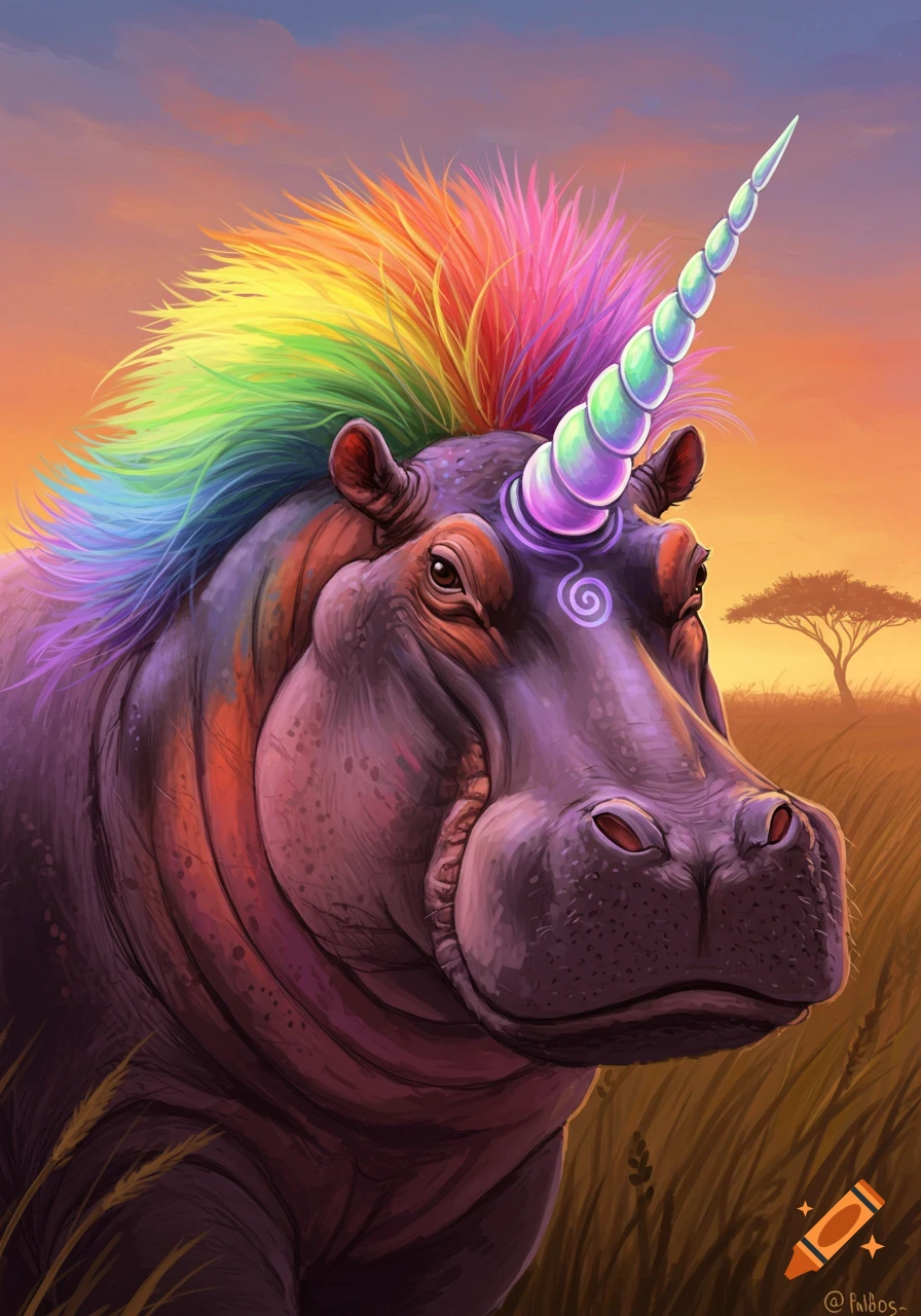 A fantasy illustration of a hippo with a rainbow mane and unicorn horn in a savanna landscape ...