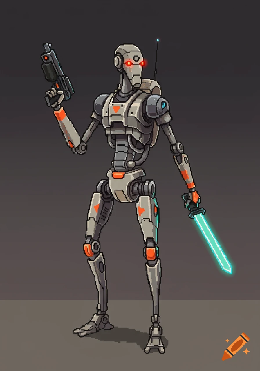 Pixel art battle droid character holding a bladerunner style glowing ...