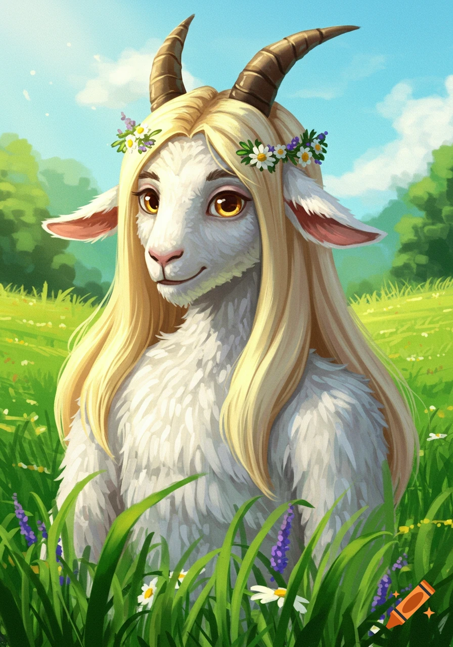 An illustrated portrait of a white goat person with long blonde hair ...