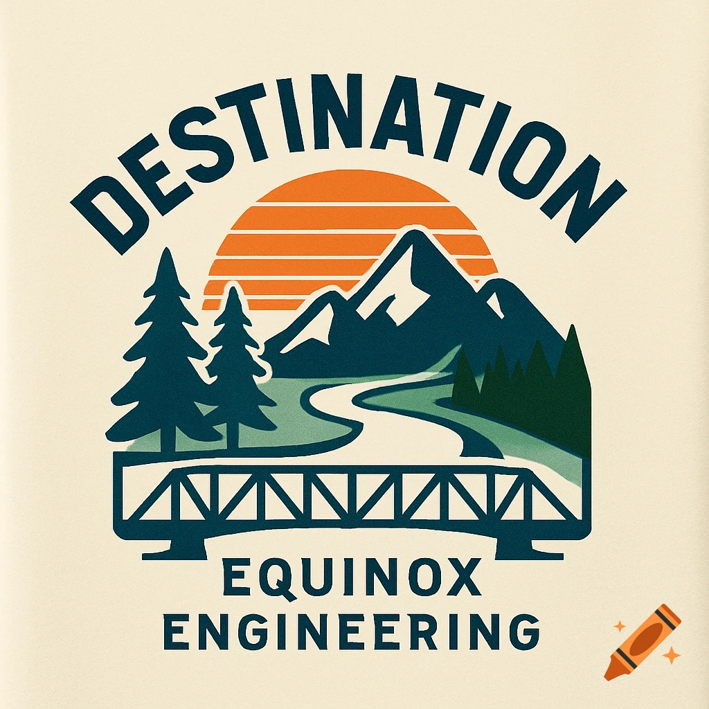 Retro illustration logo with mountains, river, bridge, trees, sunset, and text 'DESTINATION ...
