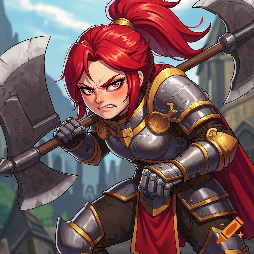 A red-haired anime-style female warrior in armor holds a large double ...