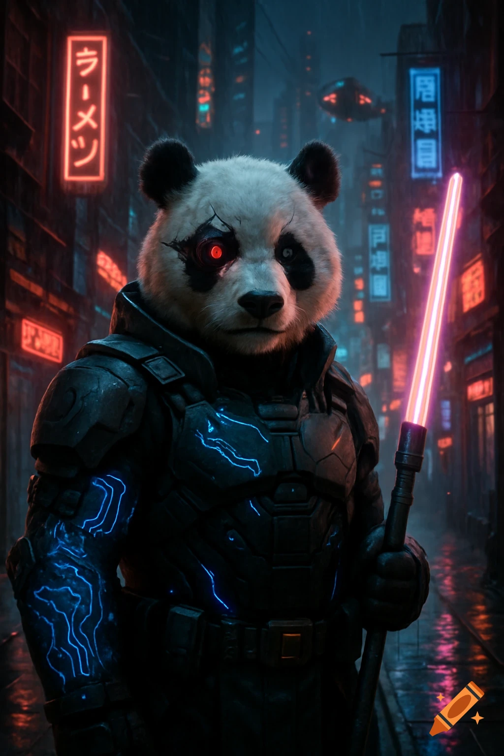 A cyberpunk panda in armored suit with a robotic eye stands in a rainy ...