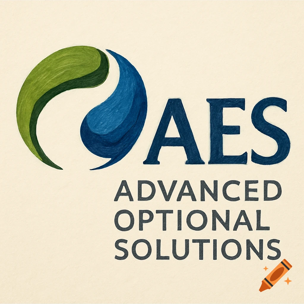 Logo with green and blue swirling symbol and text AES Advanced Optional Solutions on Craiyon