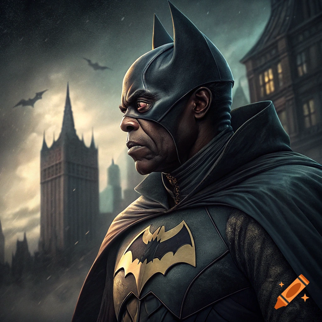 Close-up profile of Samuel L. Jackson as Batman against a moody ...