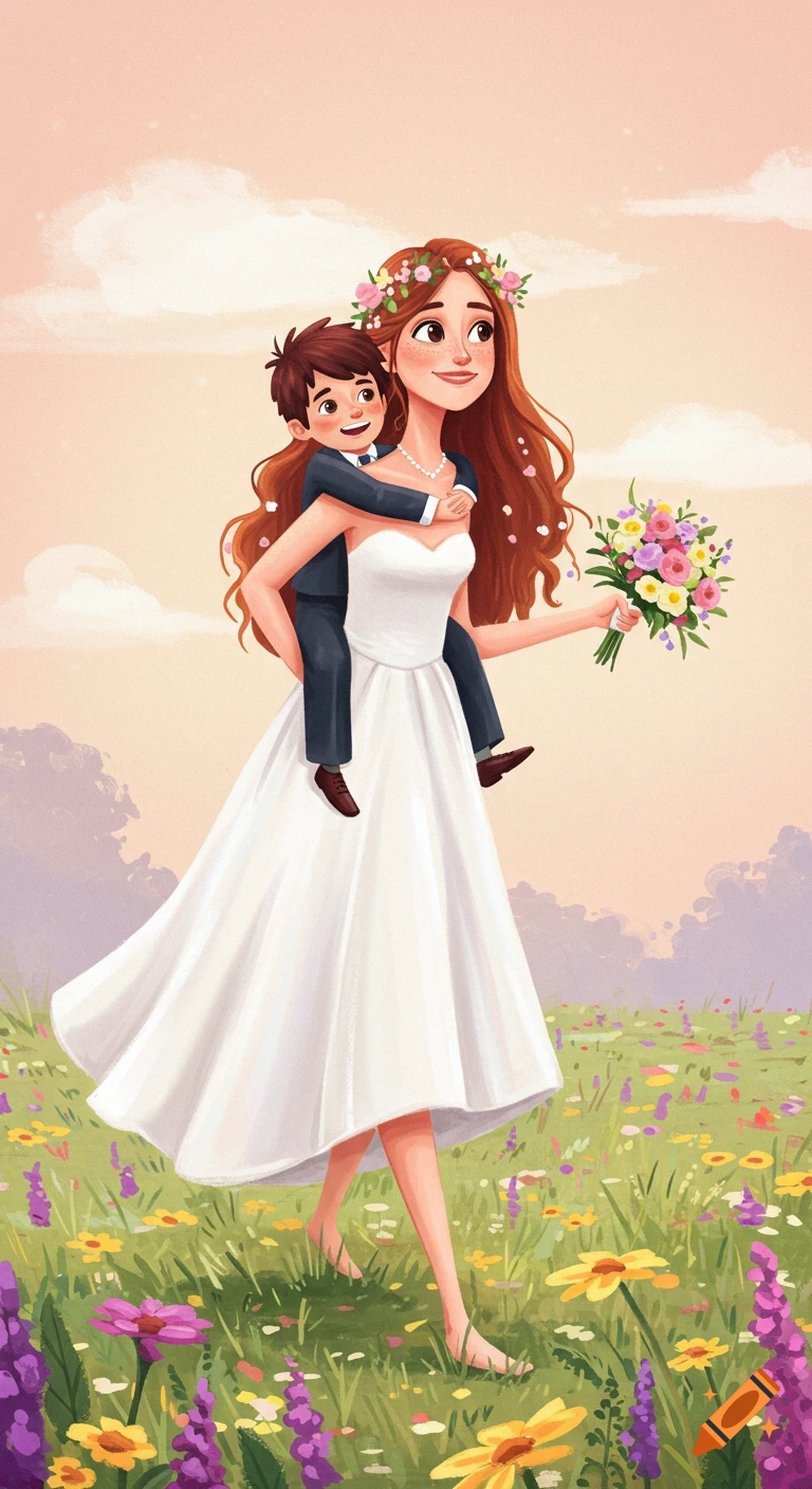 Tall bride carrying short groom on her back through a flower field ...