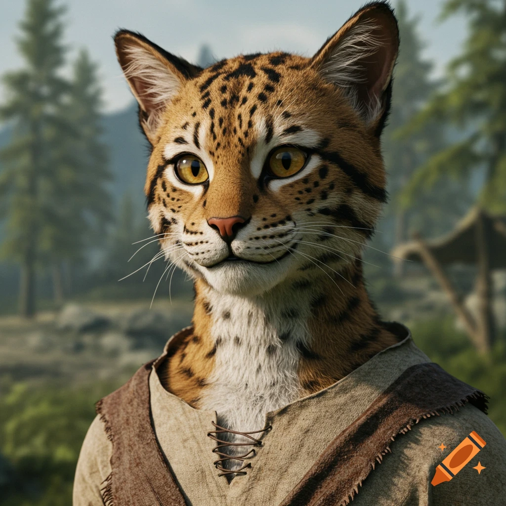Close-up of a realistic fantasy cat-like creature (Khajiit) in rustic ...