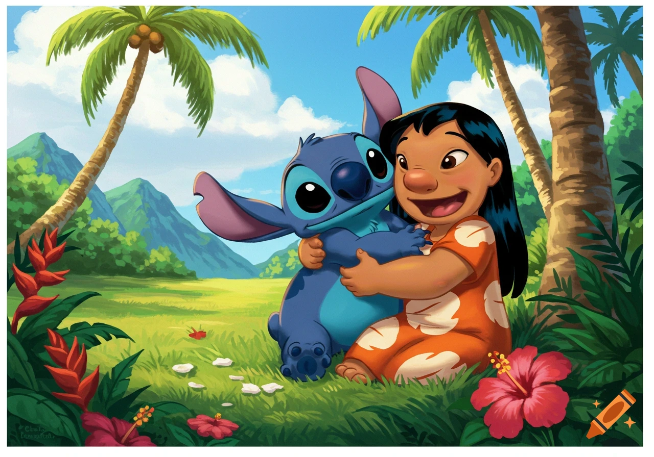 Lilo and Stitch hug in a tropical landscape. on Craiyon
