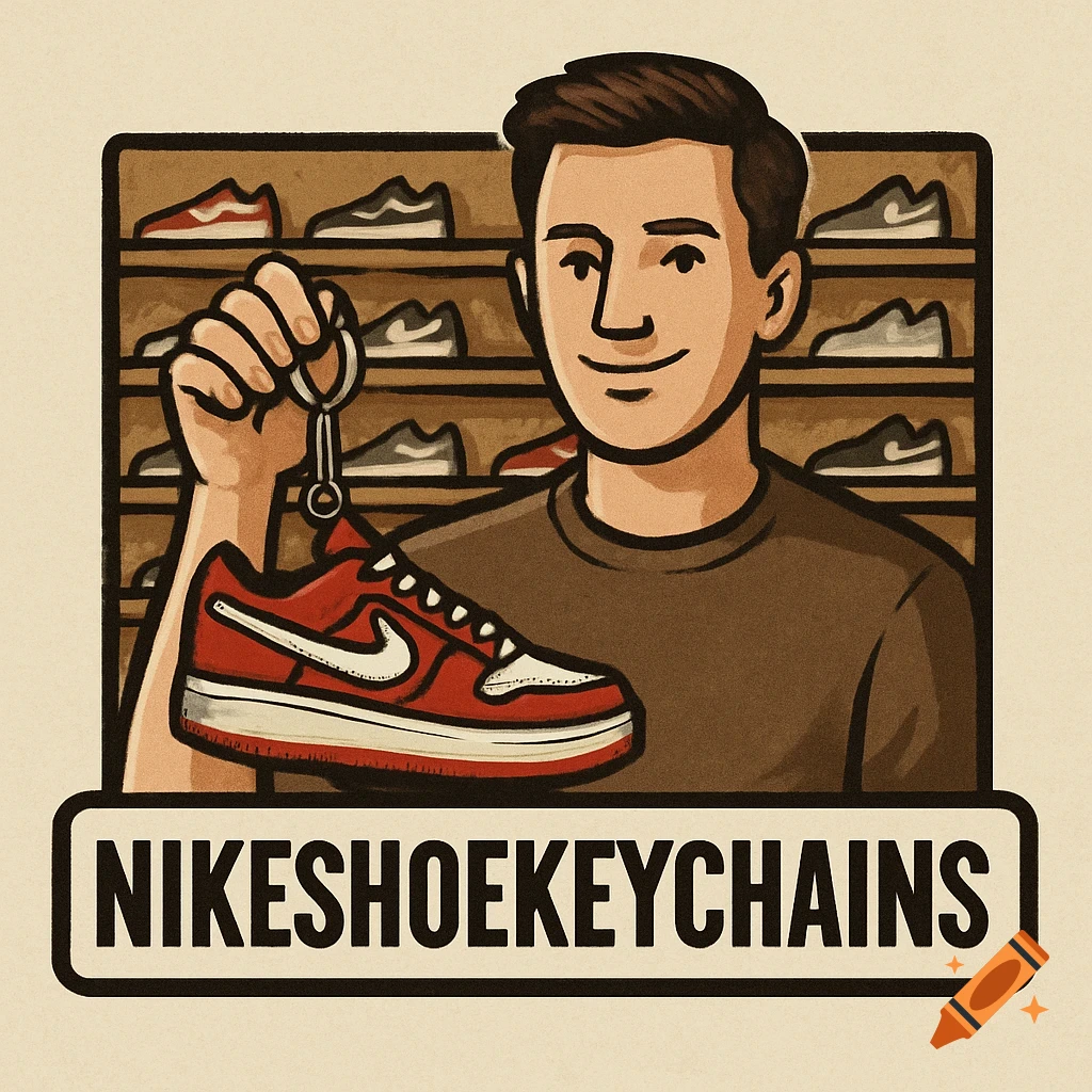 Illustration of a man holding a shoe keychain, with shelves of shoes ...