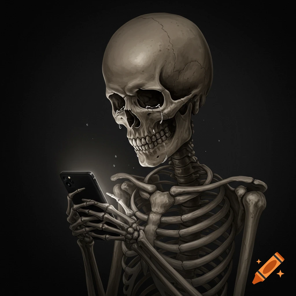 A detailed digital illustration of a skeleton crying while looking at a ...