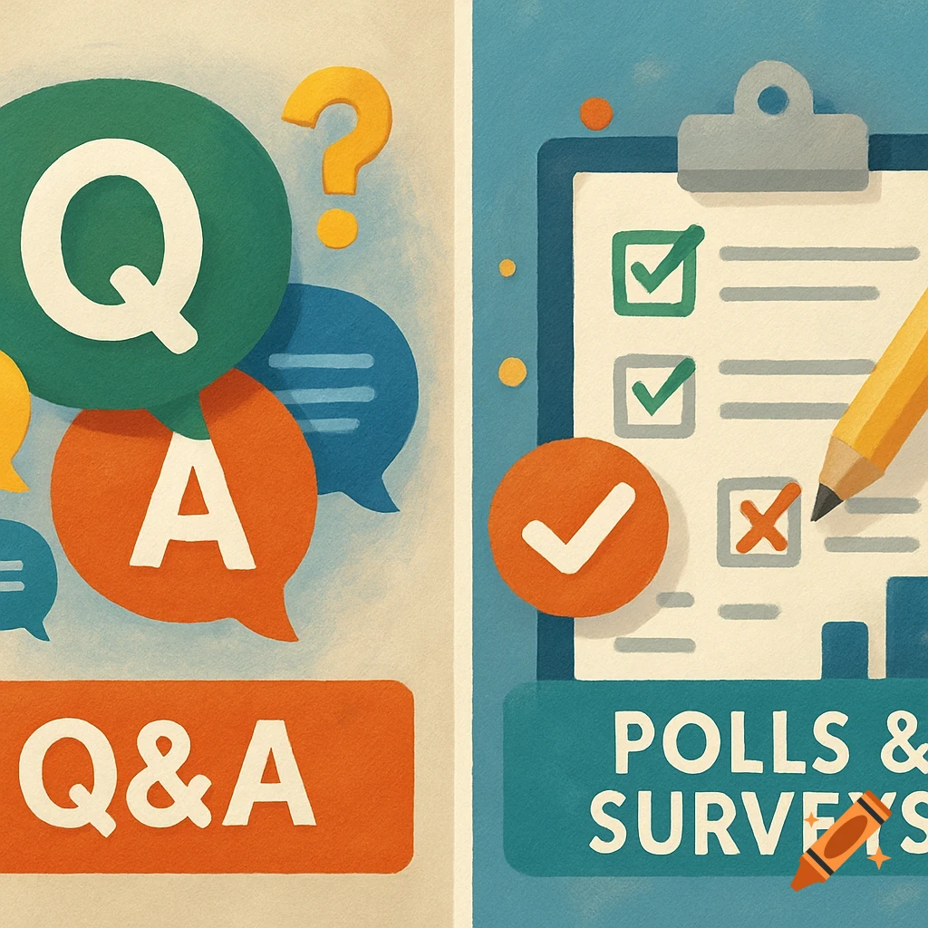 Illustration with text Q&A and symbols next to a clipboard with text ...