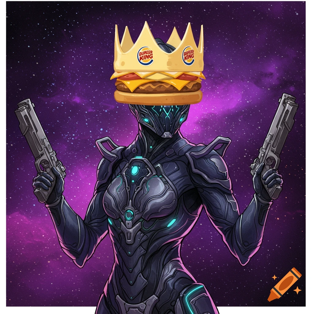 Sci-fi character in armor with guns wearing a Burger King crown with a ...