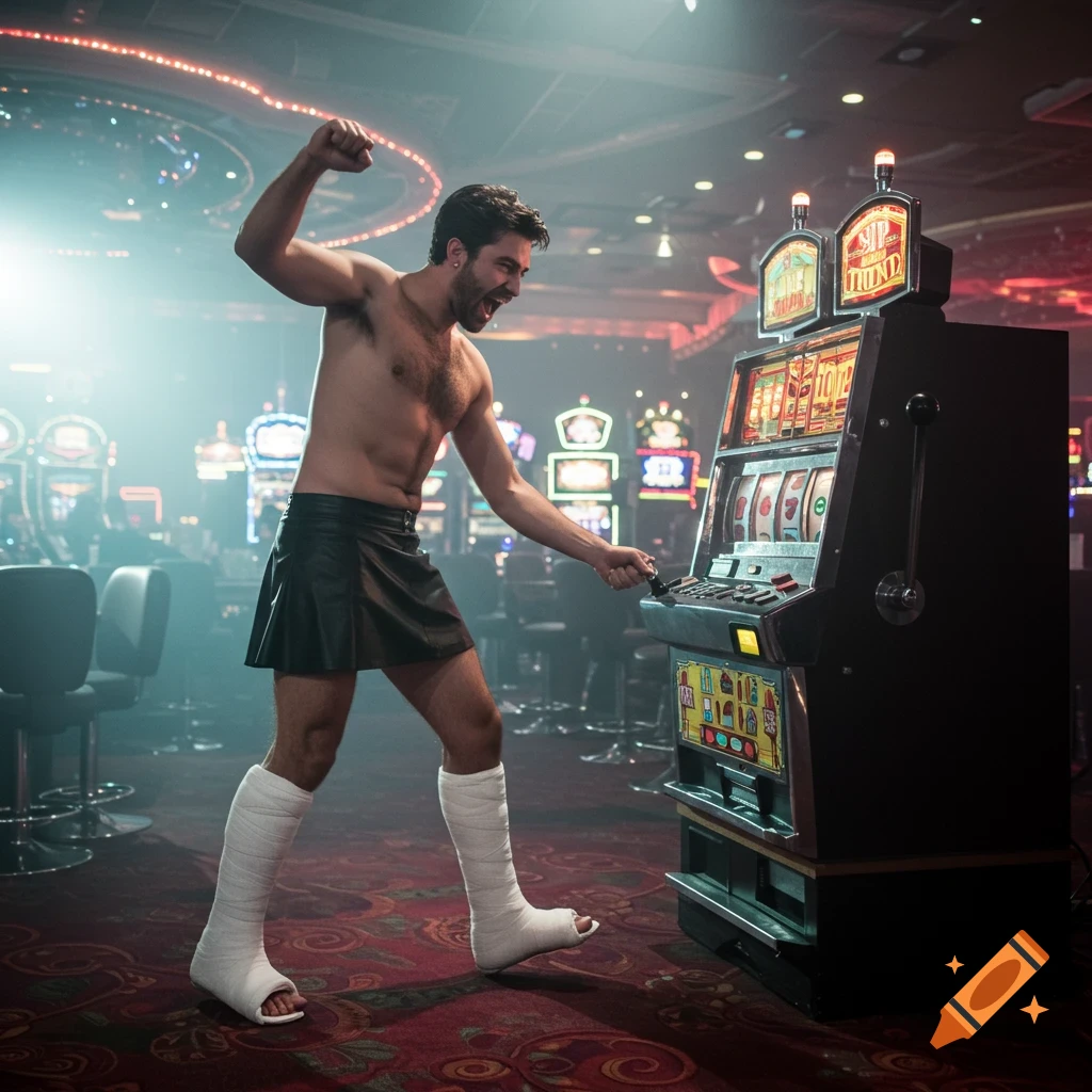 A man in a skirt and leg casts celebrates winning at a slot machine in ...