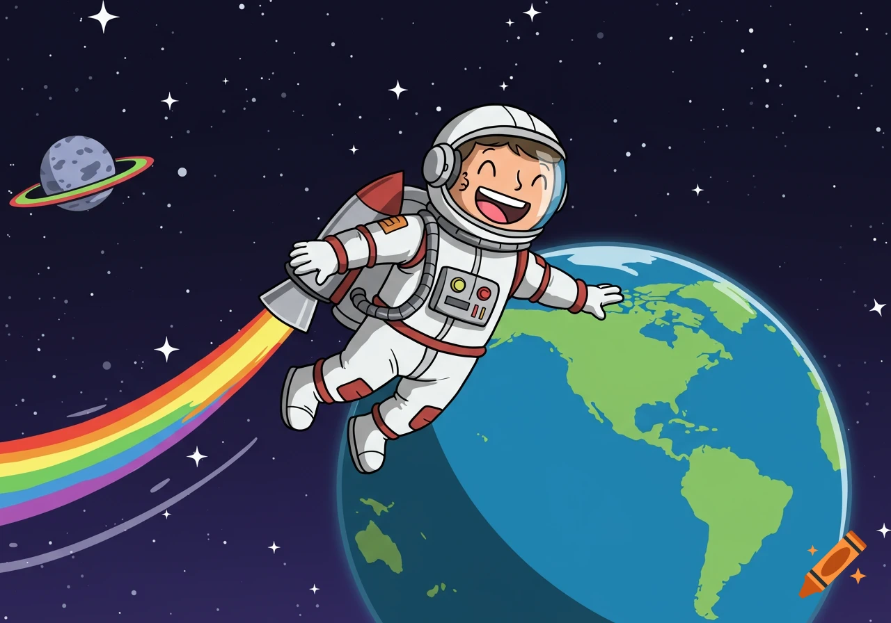 Cartoon astronaut with rainbow jetpack flying over Earth on Craiyon