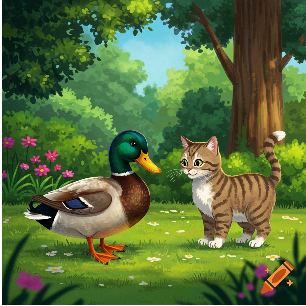 An illustration of a mallard duck and a tabby cat standing in a grassy ...
