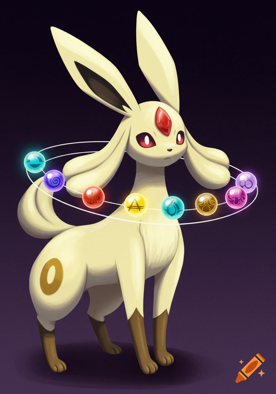 An evolution of Eevee with long bunny-like ears, a red gem on its head, and orbs with symbols ...
