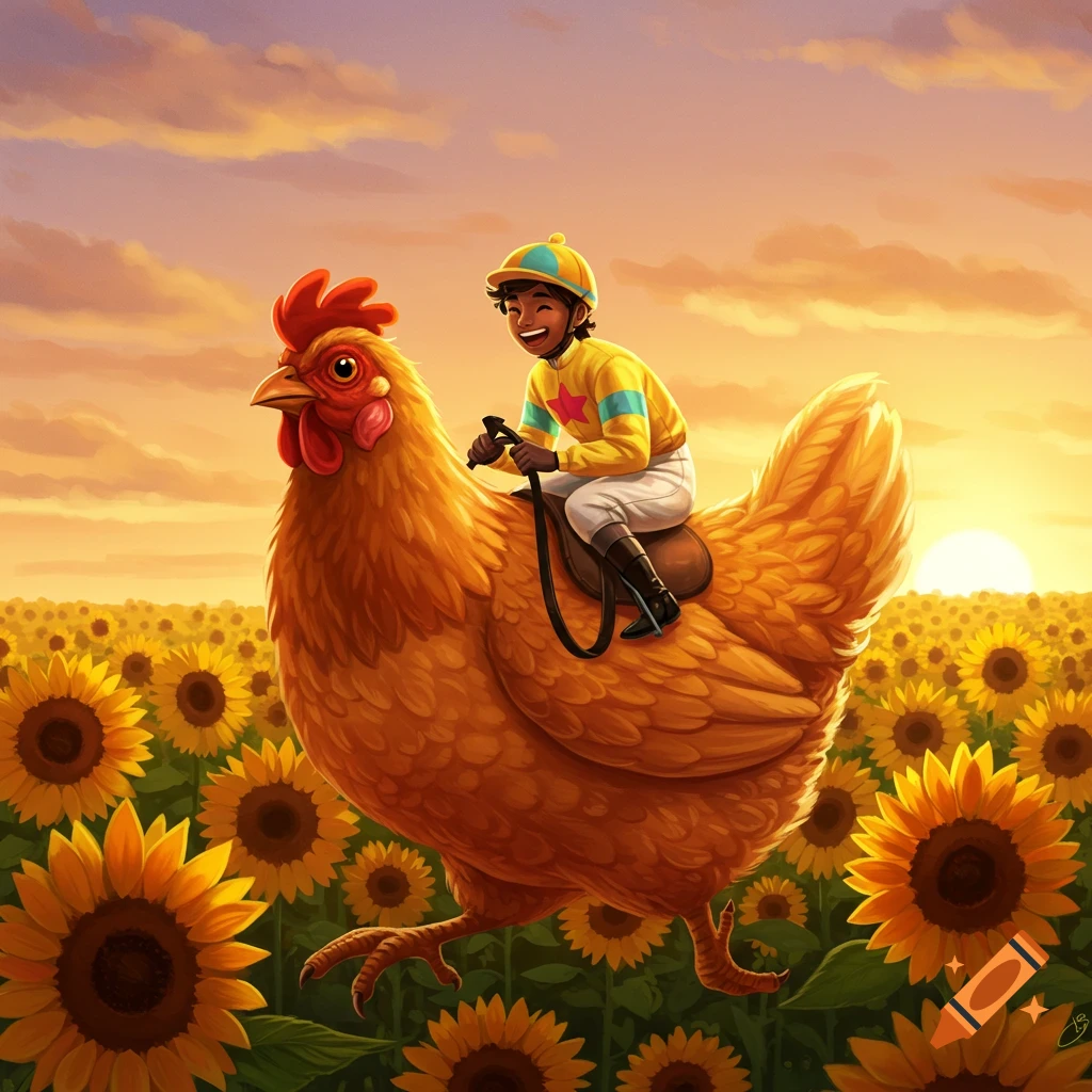 Illustration of a jockey riding a giant chicken through a sunflower ...