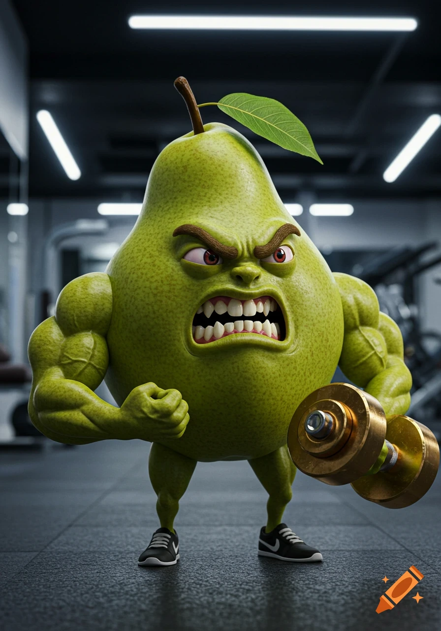 Muscular, angry cartoon pear holding a dumbbell in a gym. on Craiyon