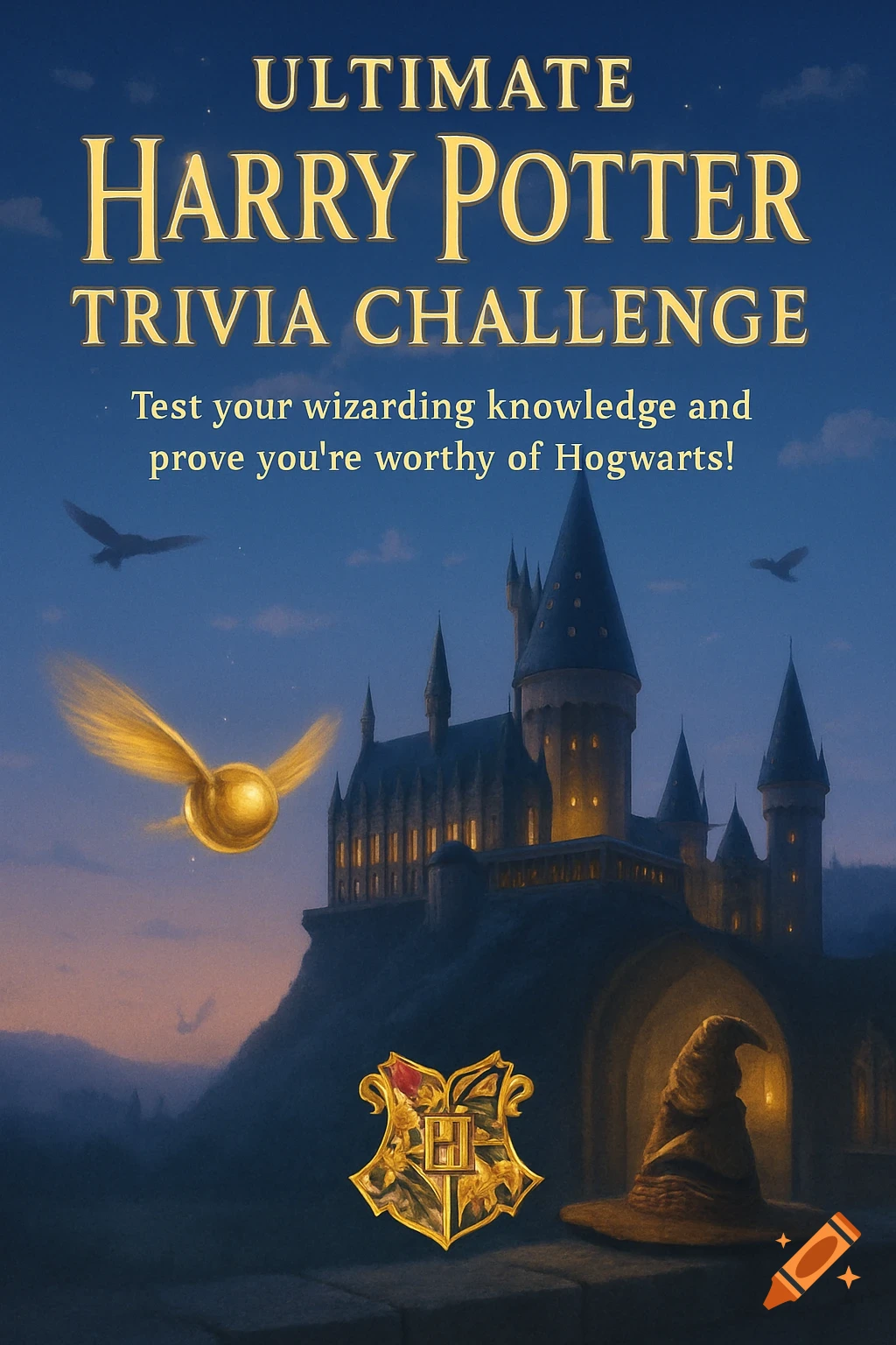 Harry Potter trivia book cover art with Hogwarts castle, Golden Snitch ...