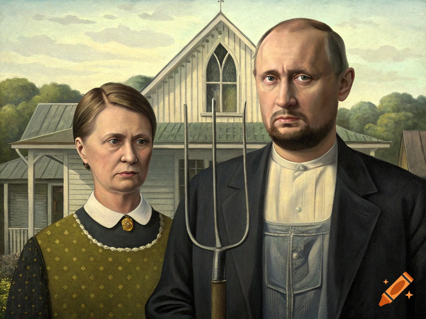Painting of two men resembling American Gothic, one holding a pitchfork ...
