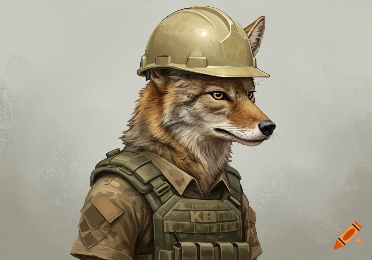 Illustration of a coyote wearing a hard hat and military vest on Craiyon