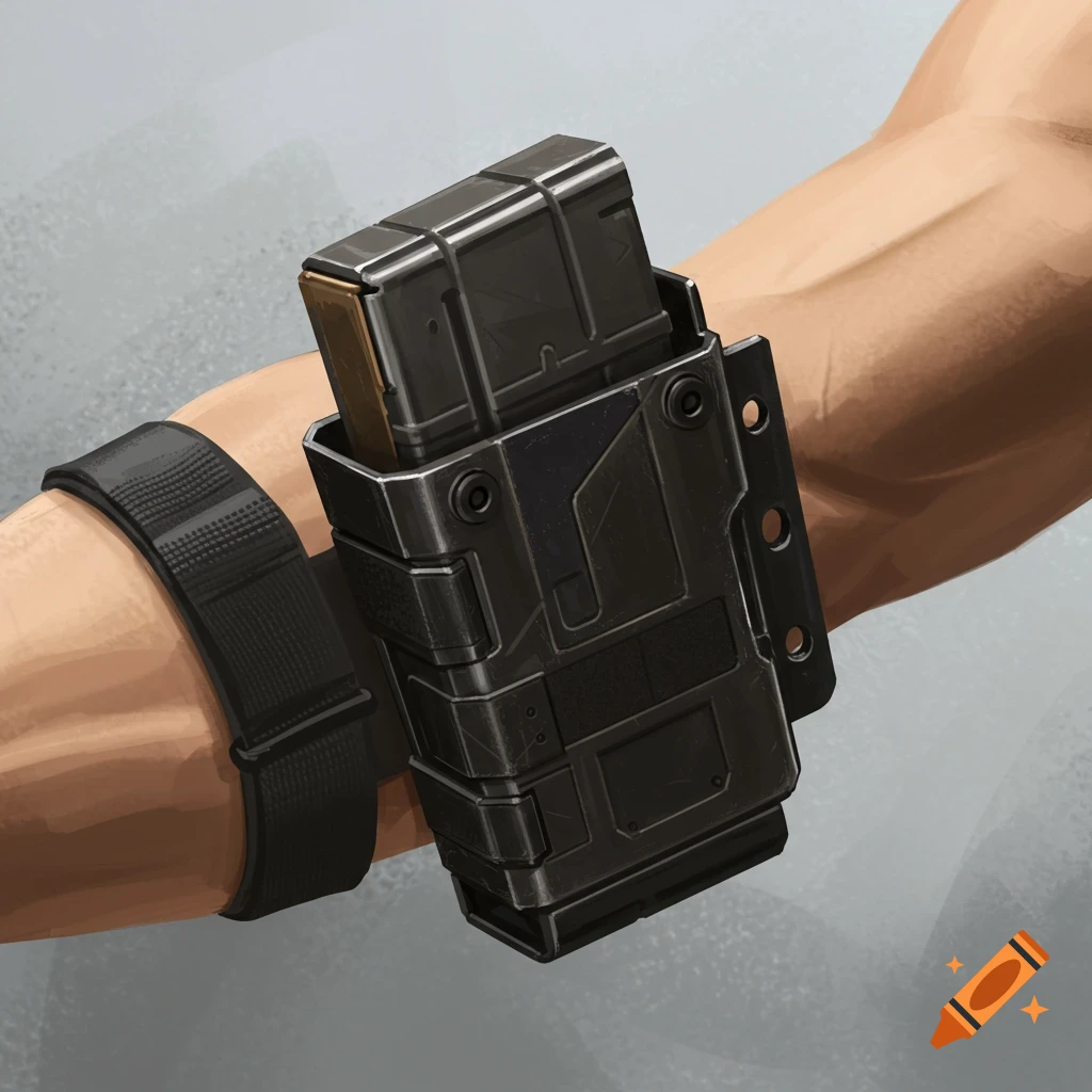 Close-up illustration of a forearm wearing a black tactical holder with ...