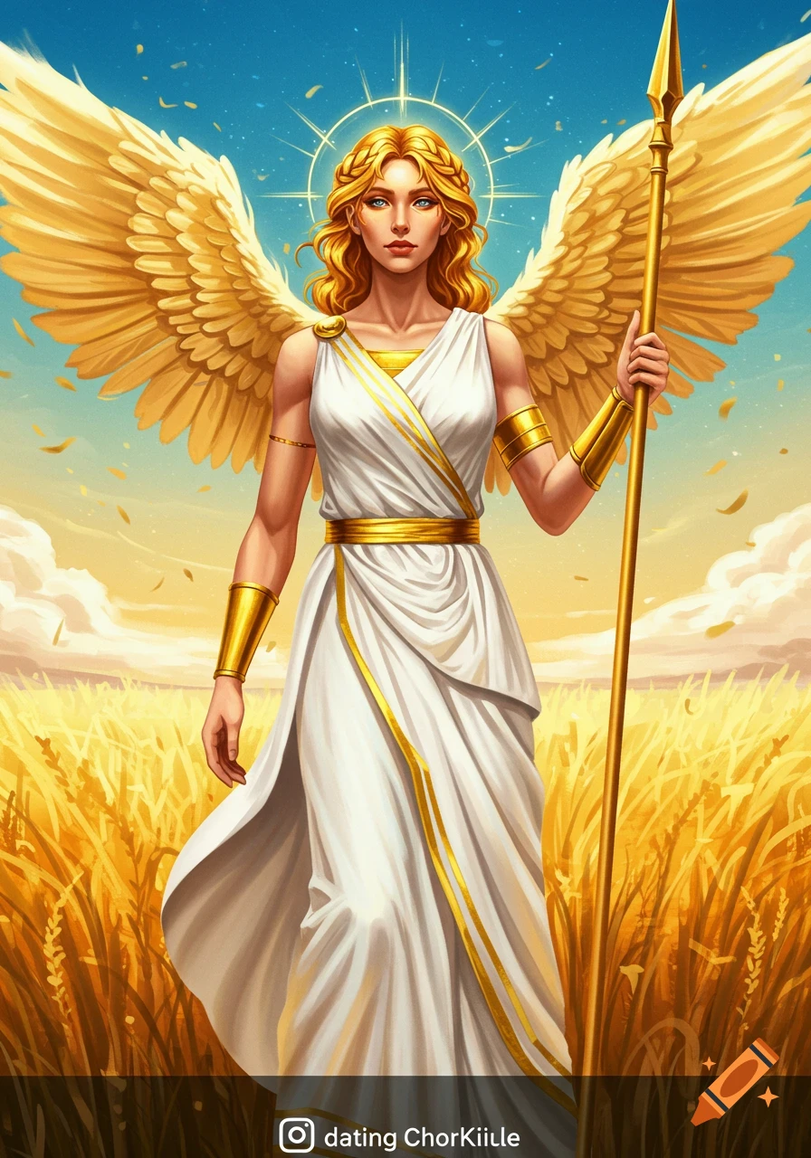 An illustration of a winged goddess in white and gold robes, holding a ...