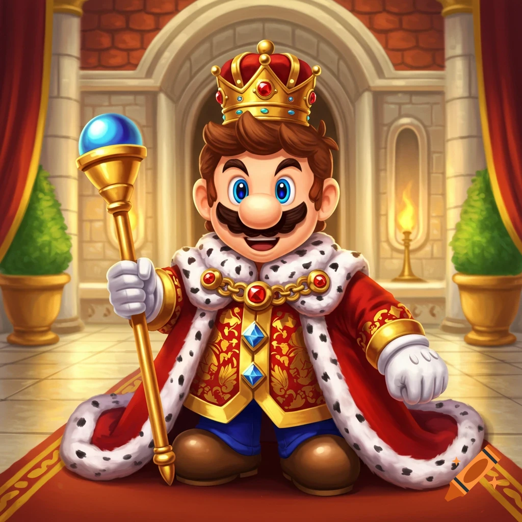 Illustration of Mario dressed as a king standing in a palace holding a ...