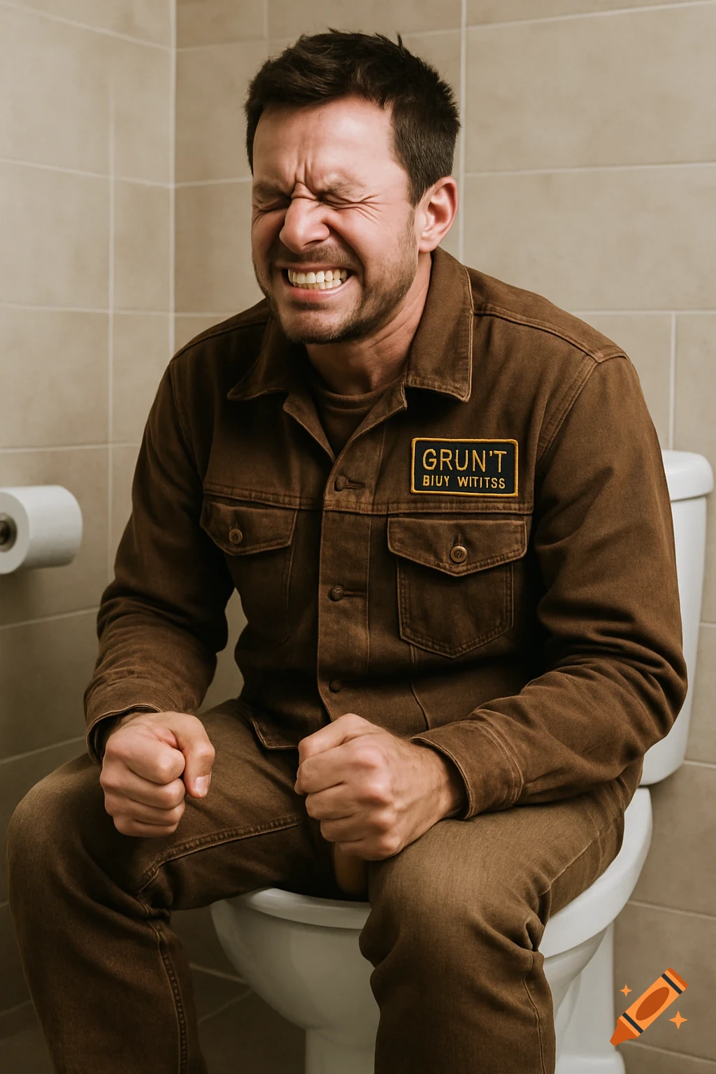 Man straining on a toilet wearing a brown jacket with a patch. on Craiyon