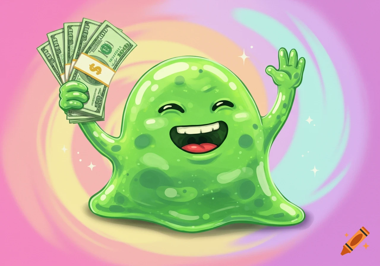 A happy green slime monster holds a stack of money in a vibrant cartoon ...