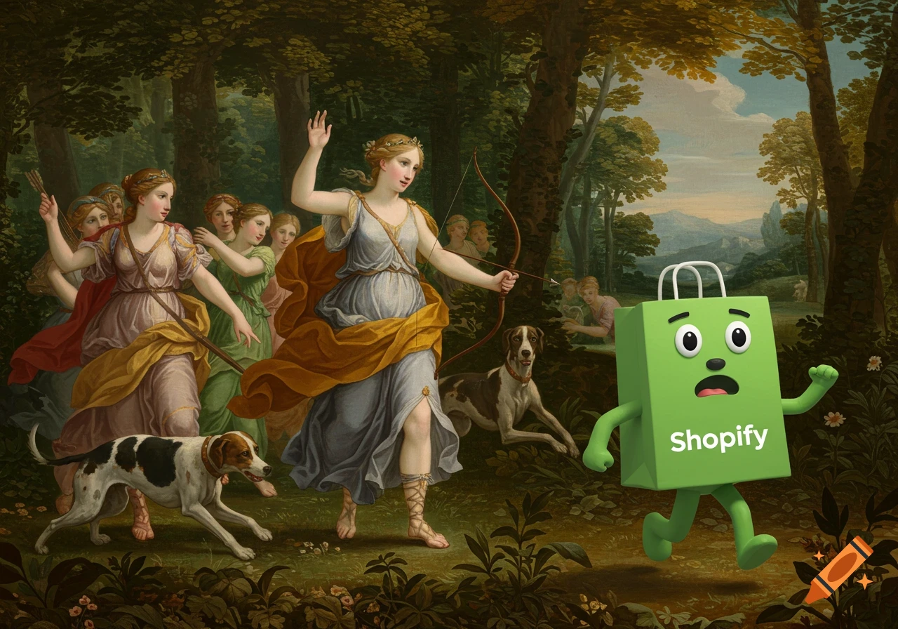Classical painting of goddess Diana hunting the green Shopify mascot in ...