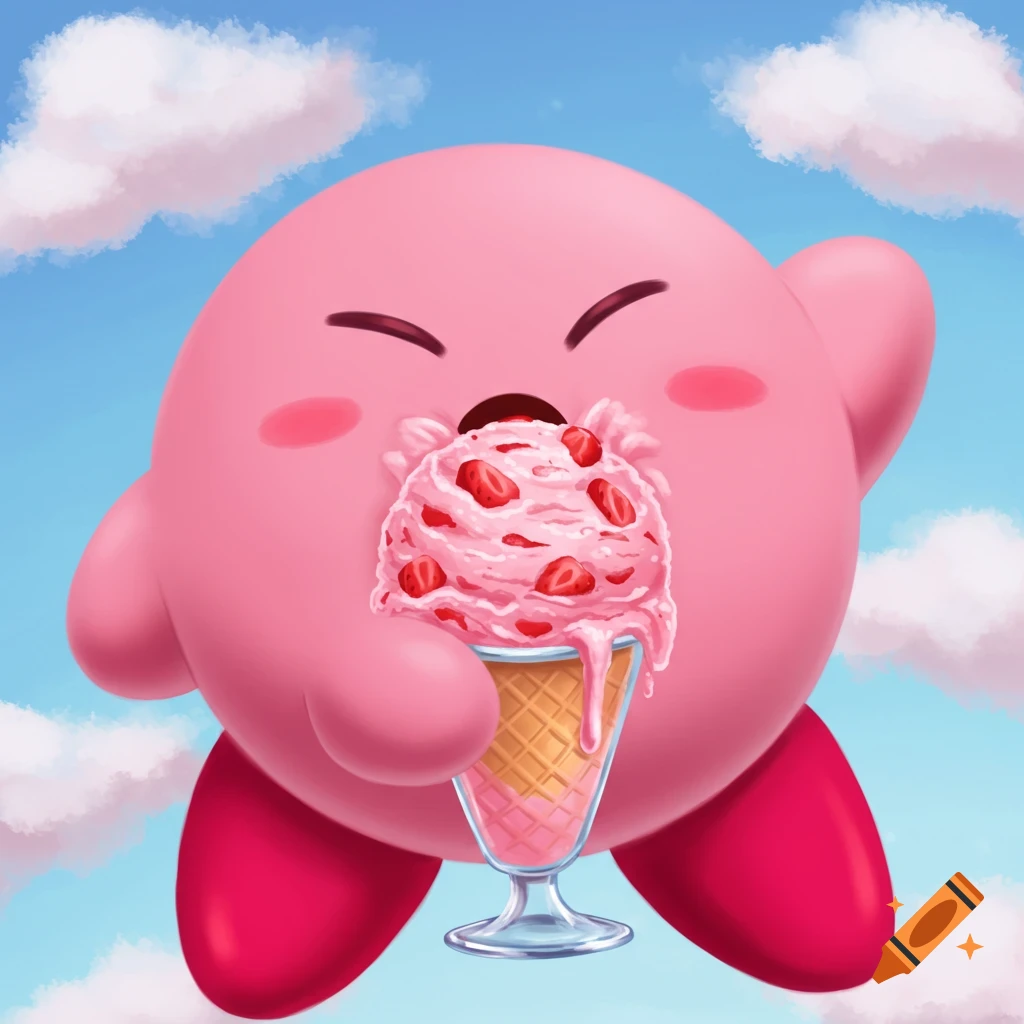 Kirby eating strawberry ice cream from a cup under a blue sky with ...
