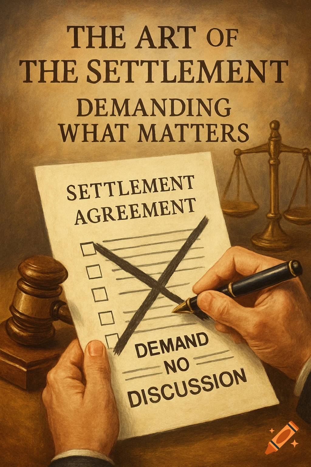 An illustration shows a hand holding a settlement agreement with a pen ...