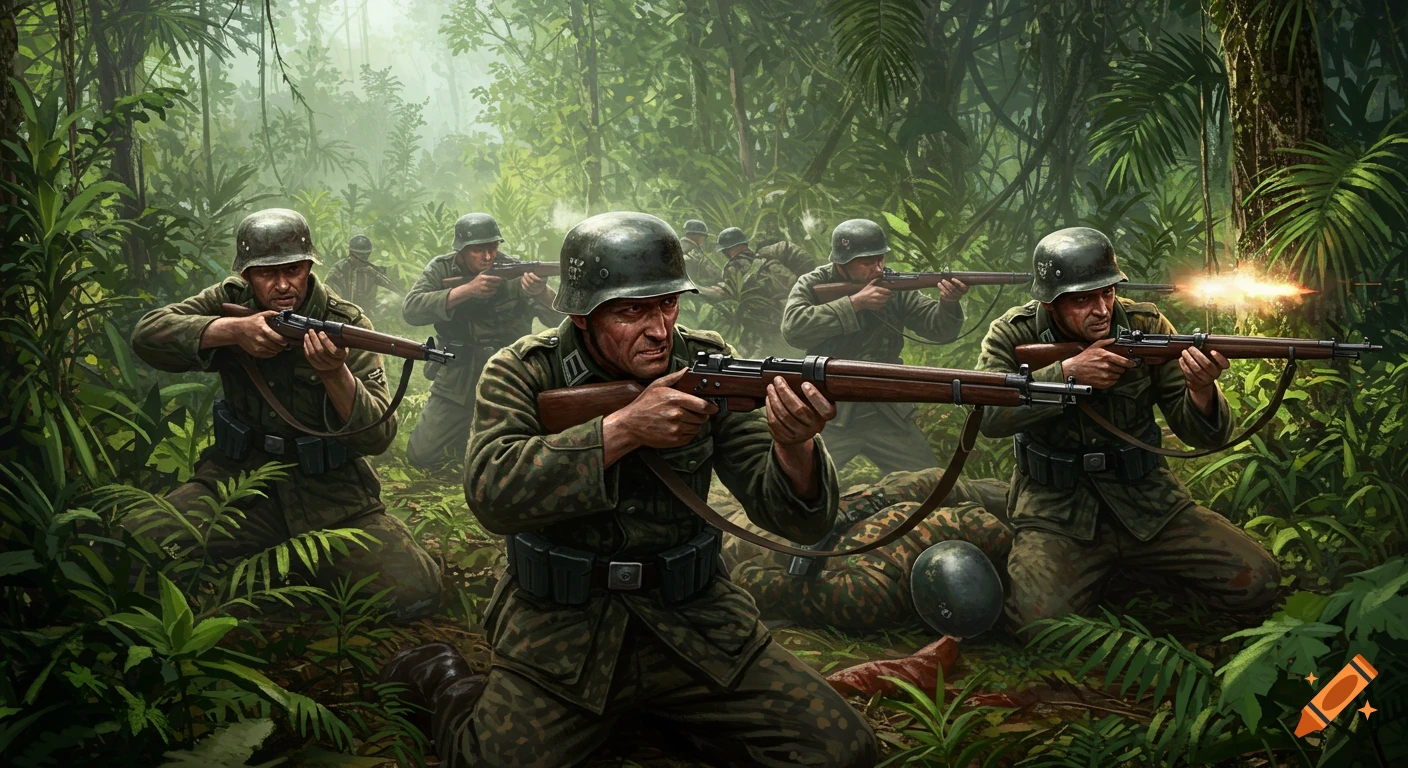 German WWII soldiers in camouflage uniforms kneel and aim rifles during ...