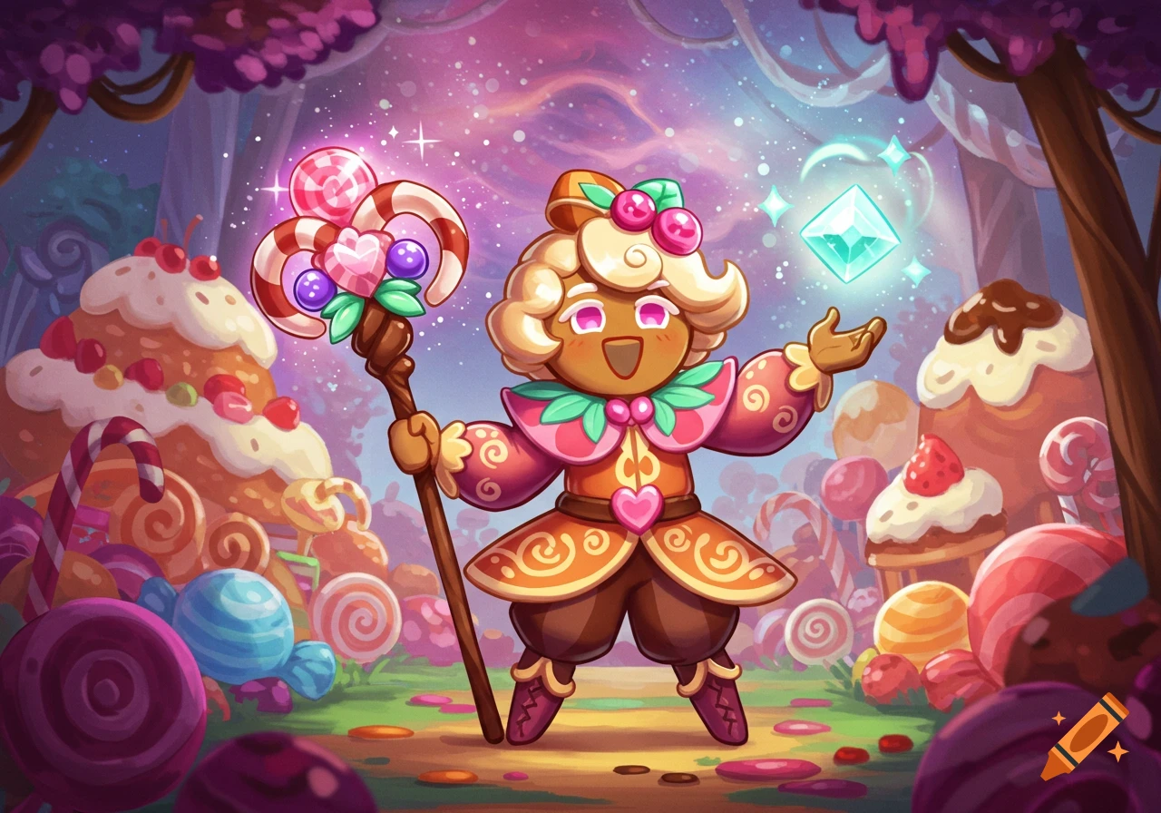 A cartoon cookie character holds a candy staff in a magical candy land ...