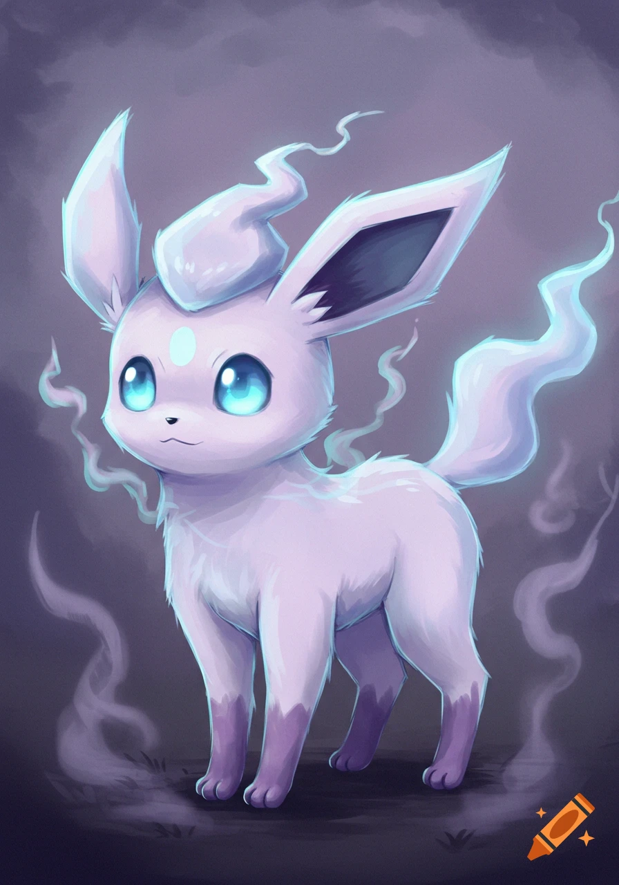 A ghostly Eevee evolution with blue eyes and smoky tendrils. on Craiyon