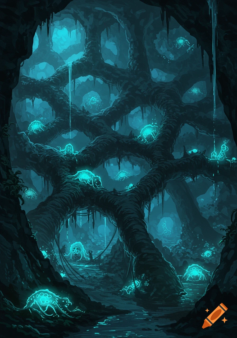 Fantasy art painting of glowing blue creatures in a dark cave with ...