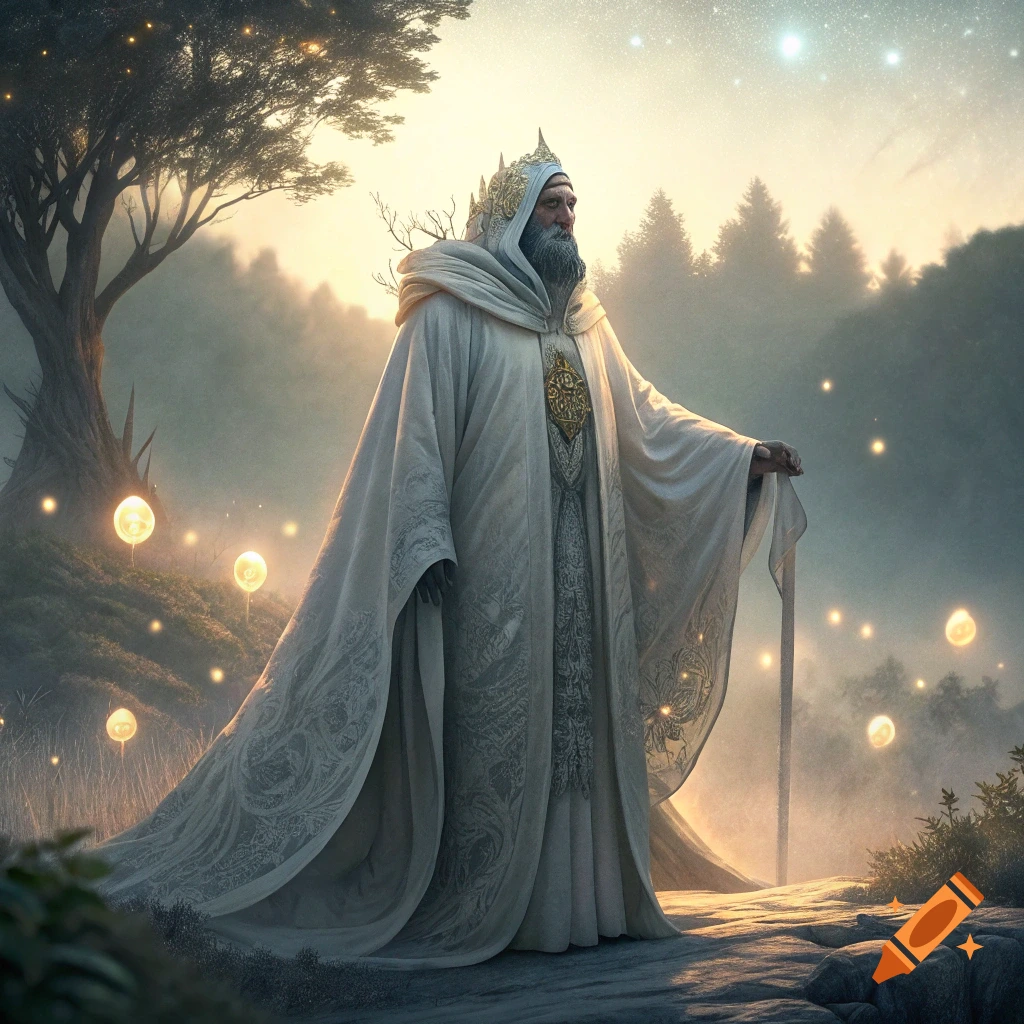 An old wizard-like man in a white robe stands in a misty forest with ...