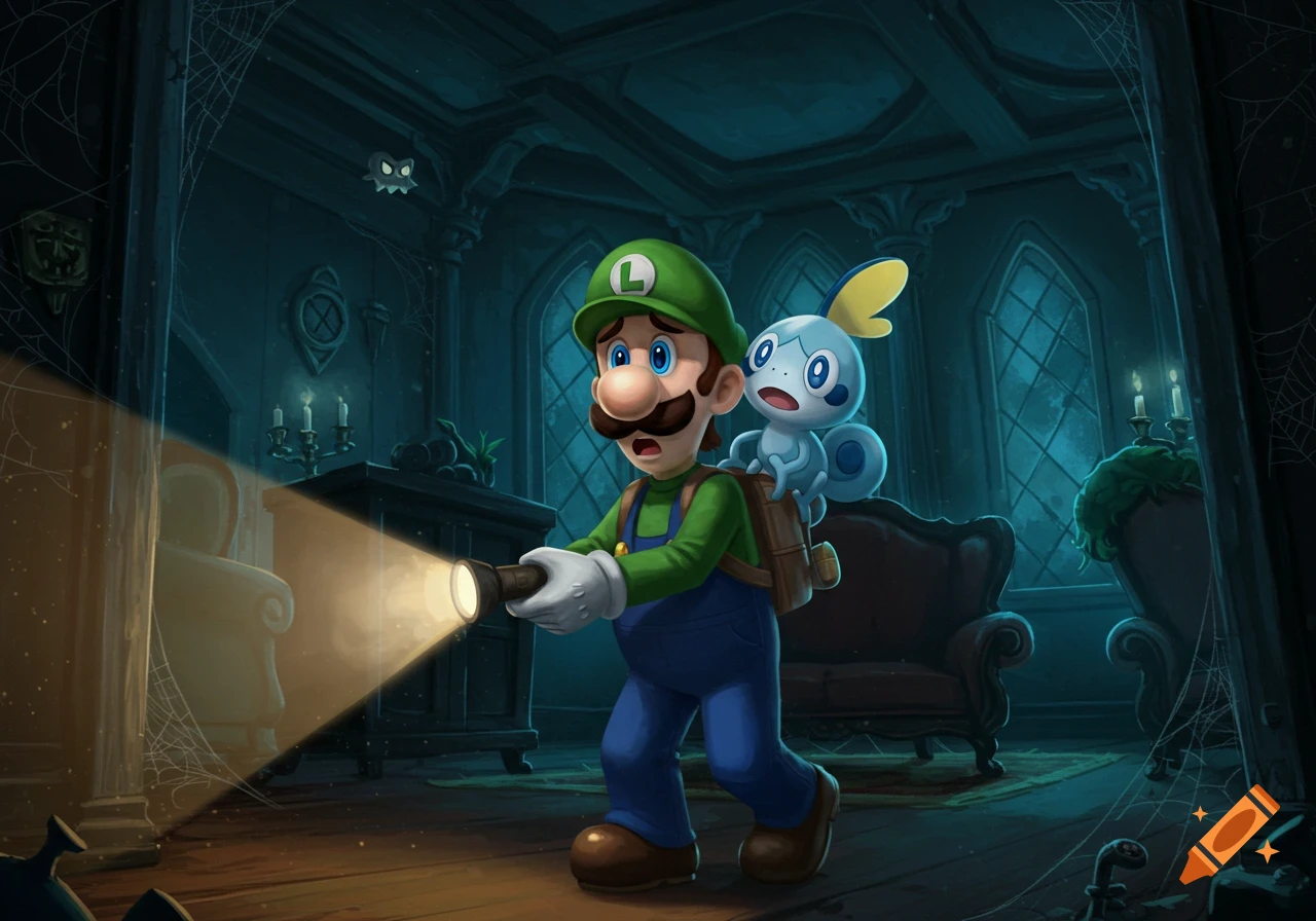 Luigi and Sobble explore a spooky haunted mansion with a flashlight. on ...