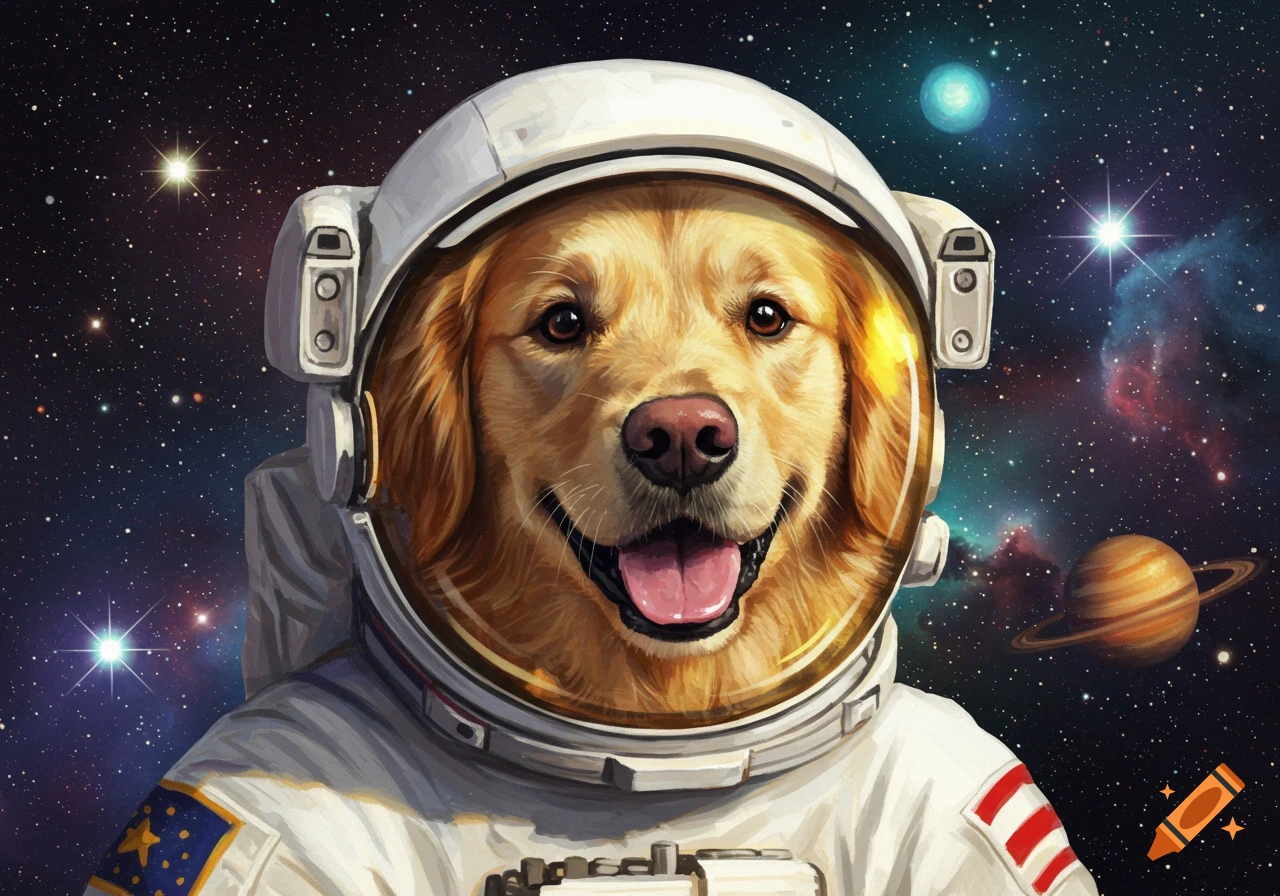 A golden retriever dog wearing an astronaut helmet and suit floats in ...