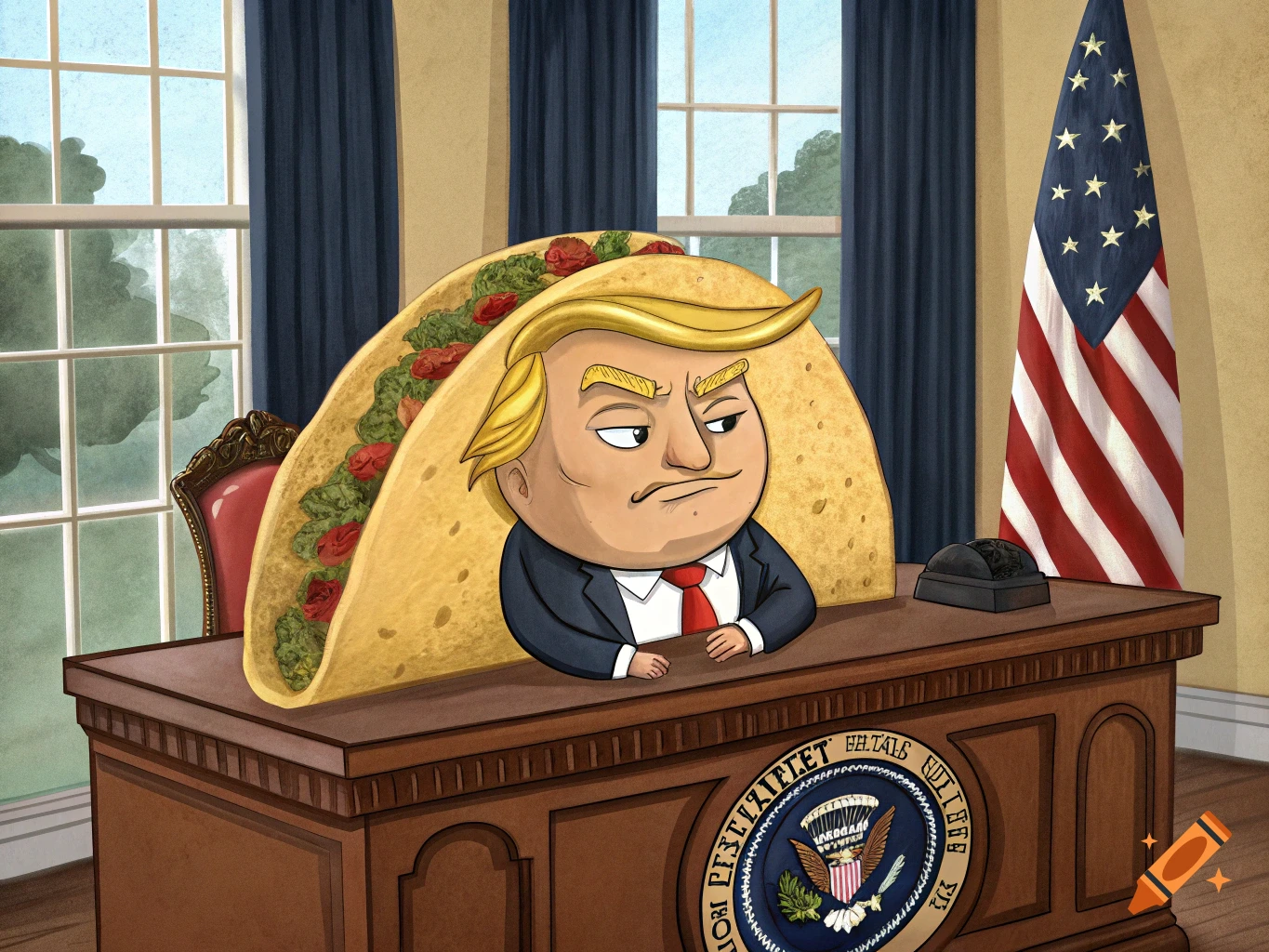 Cartoon caricature of Donald Trump as a taco at the Oval Office desk on ...