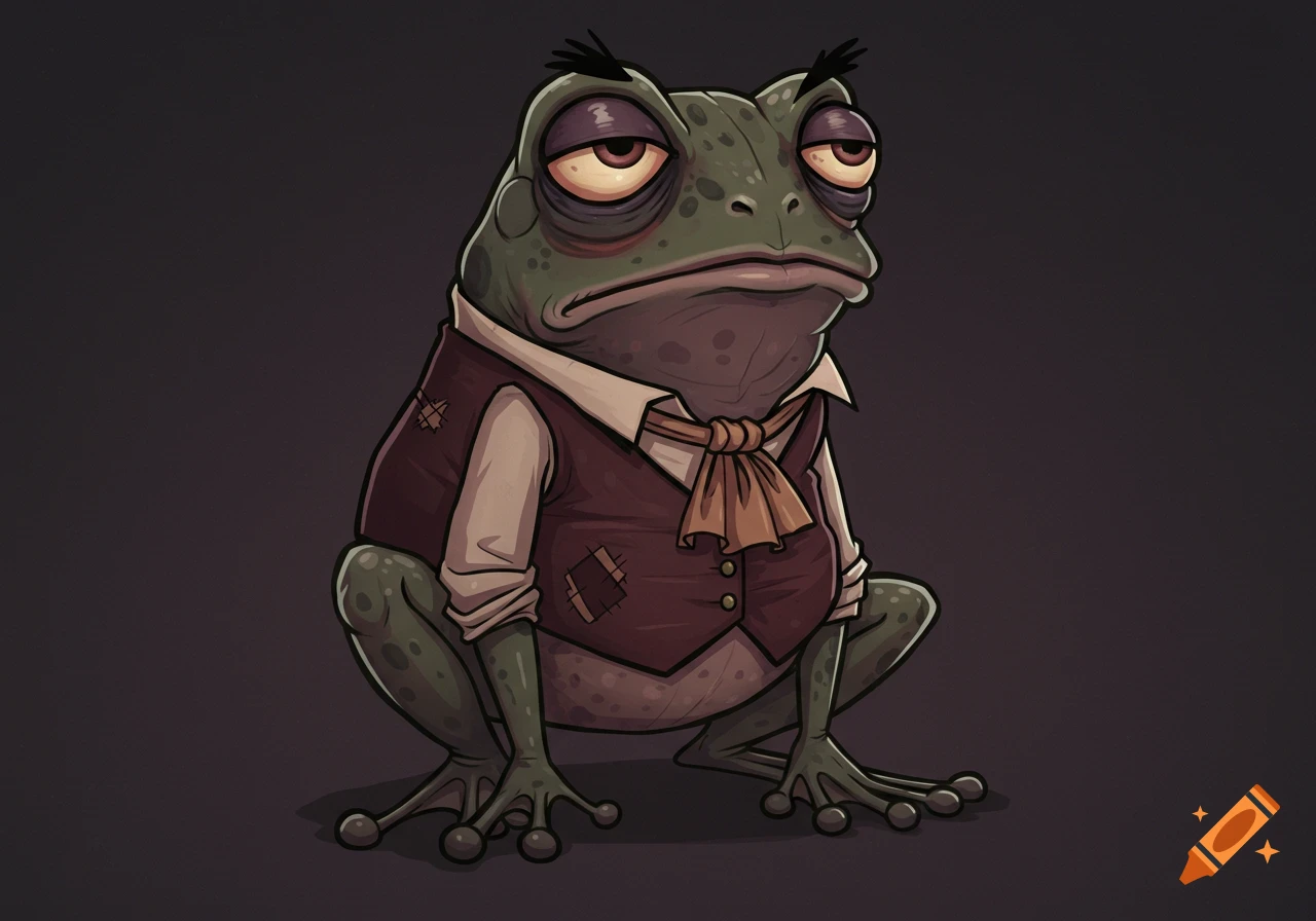 A grumpy cartoon frog wearing a shirt and vest. on Craiyon