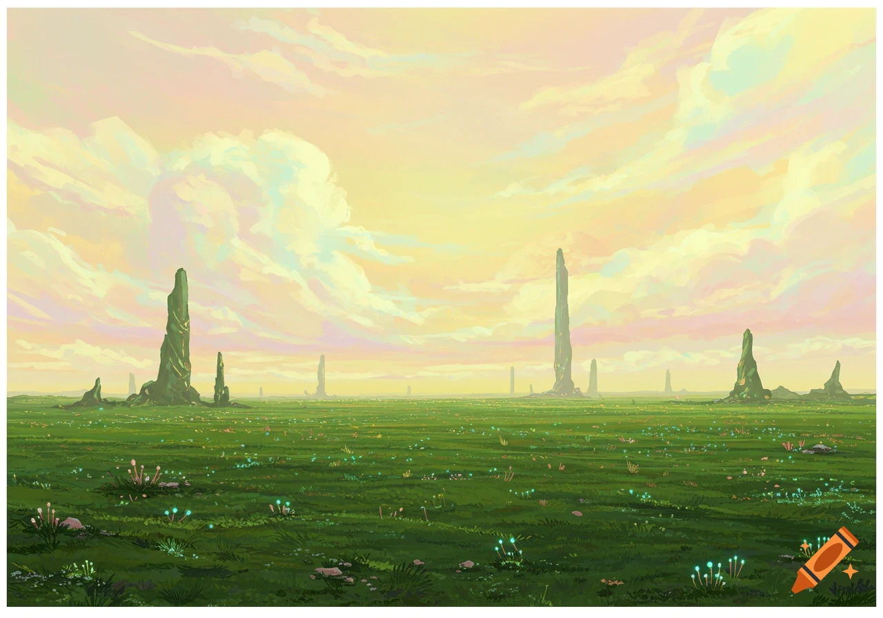 Vast green alien landscape with tall monoliths and glowing plants under ...