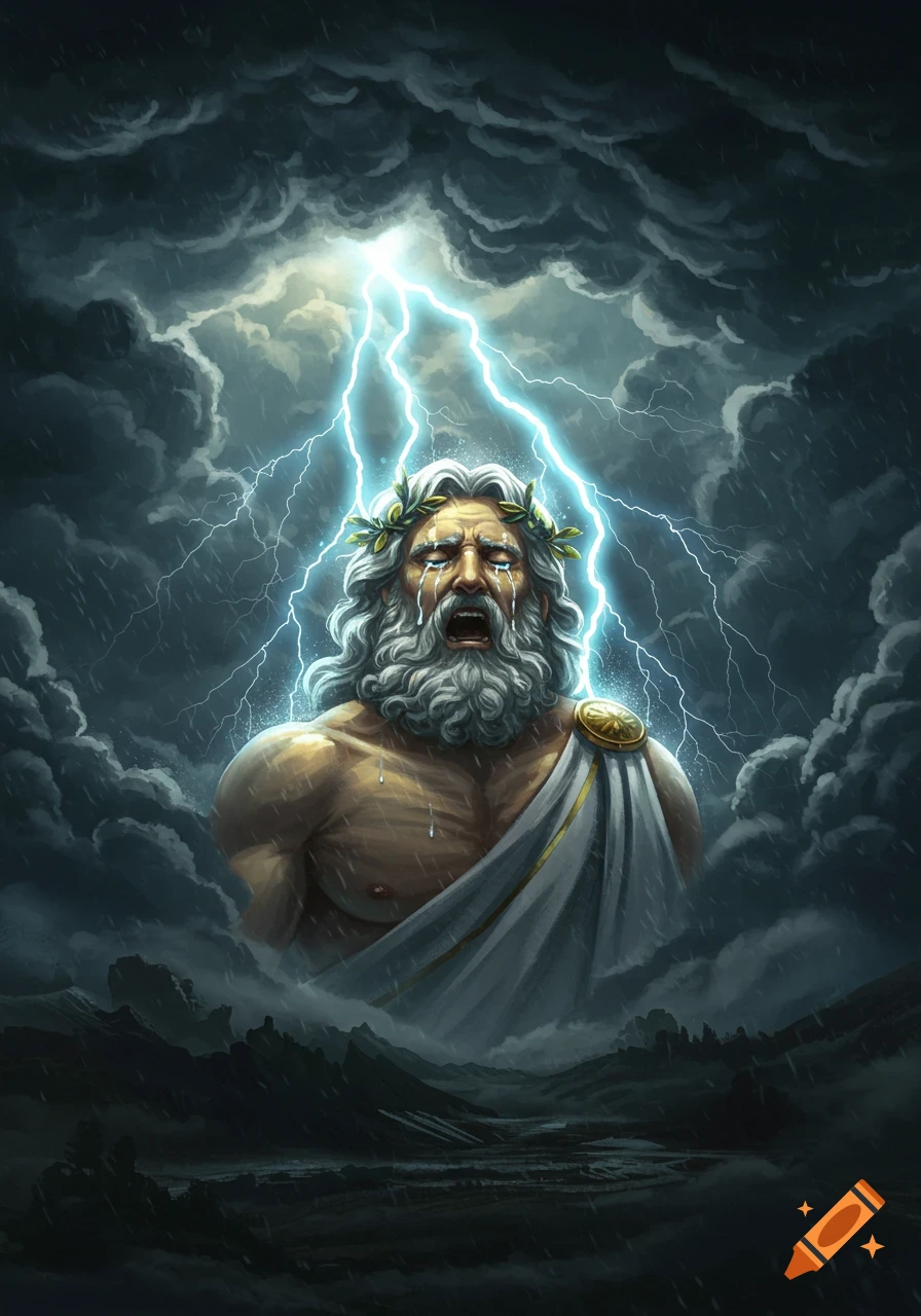 Illustration of a crying Zeus engulfed by a stormy sky with lightning. on Craiyon