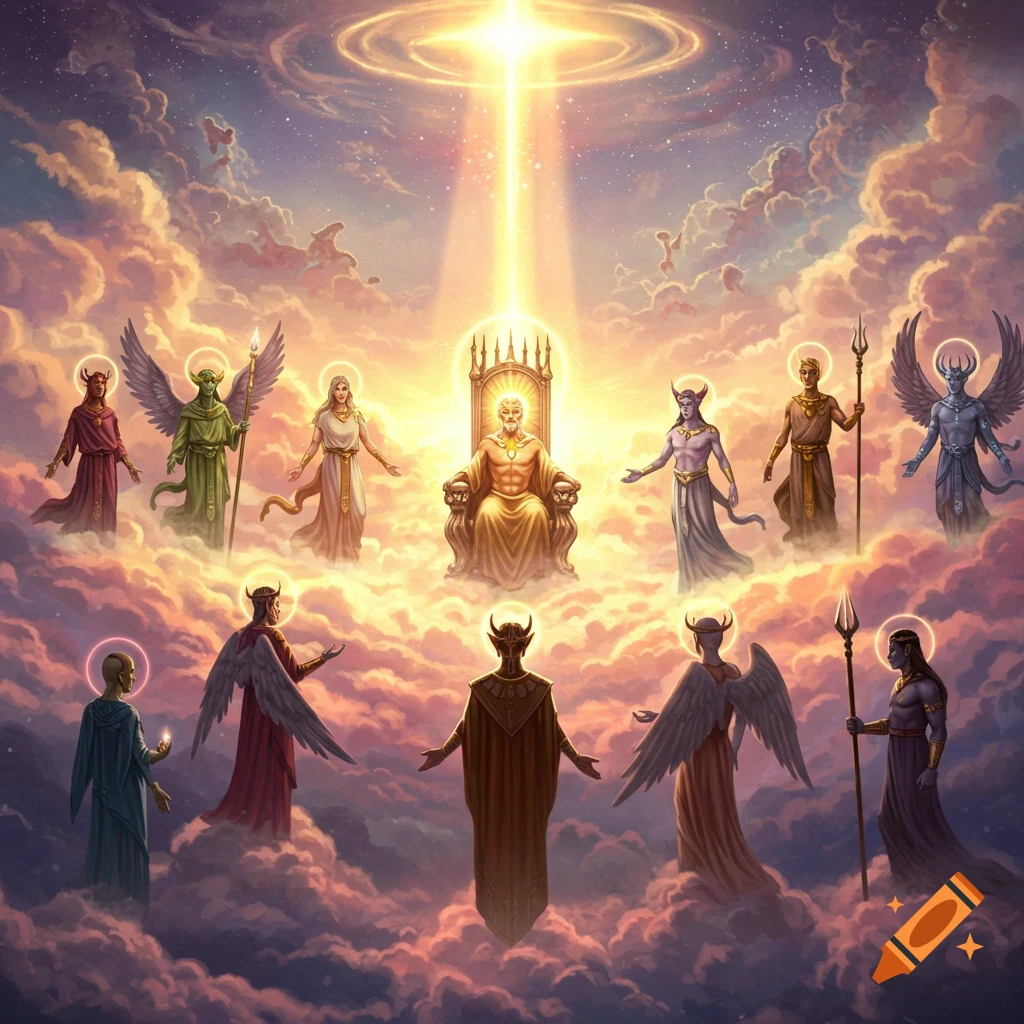 A divine council of angelic and demonic figures gathers around a ...