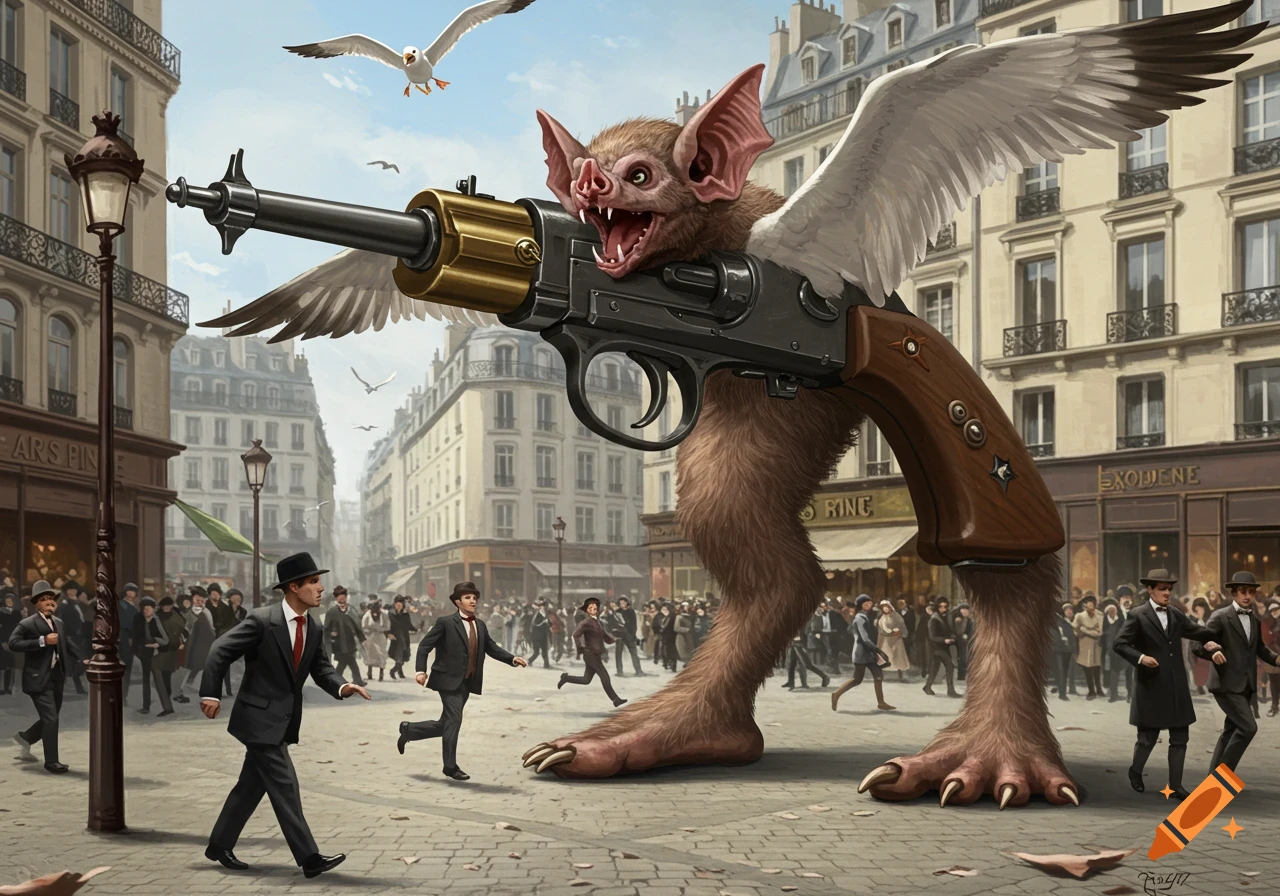 A large creature with a gun body, bat head, wings, and hairy legs walks ...