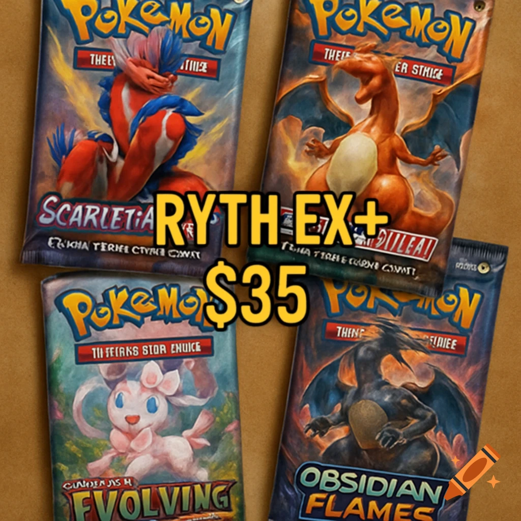 Four Pokemon trading card packs laid out, with "RYTH EX+ $35" text ...