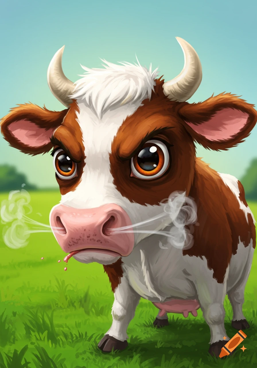 Cartoon brown and white cow with an angry expression, snorting steam ...