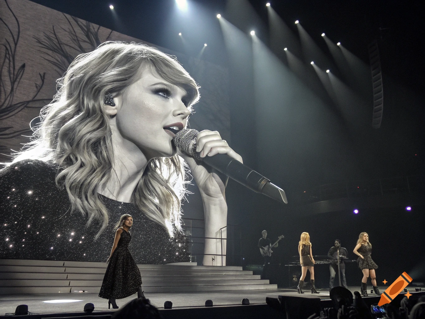 Taylor Swift performs on stage at a concert, with a large screen ...