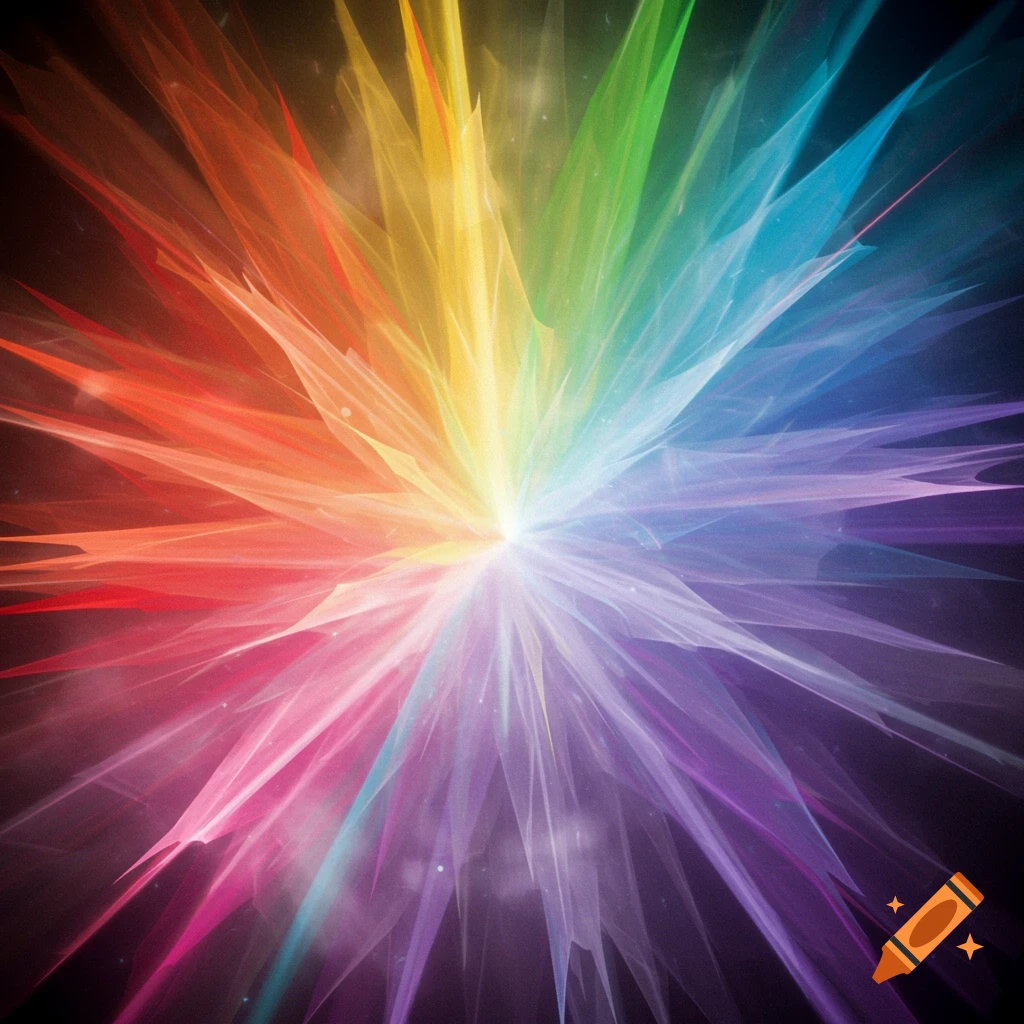 Vibrant rainbow light burst with sharp, abstract textures on a dark ...